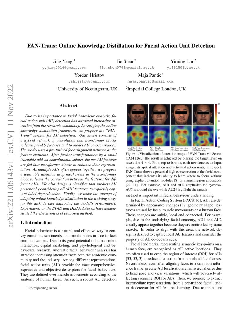 FAN-Trans: Online Knowledge Distillation for Facial Action Unit Detection | DeepAI