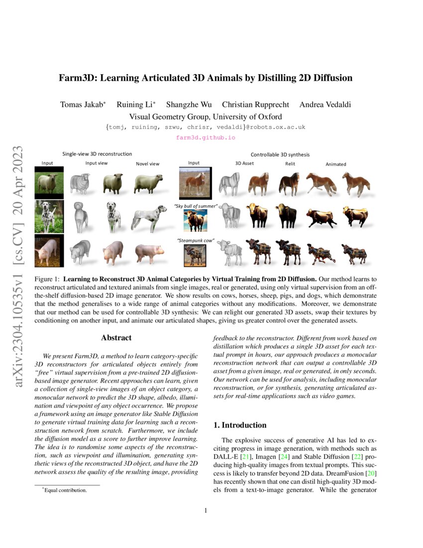 Farm3D: Learning Articulated 3D Animals by Distilling 2D Diffusion | DeepAI
