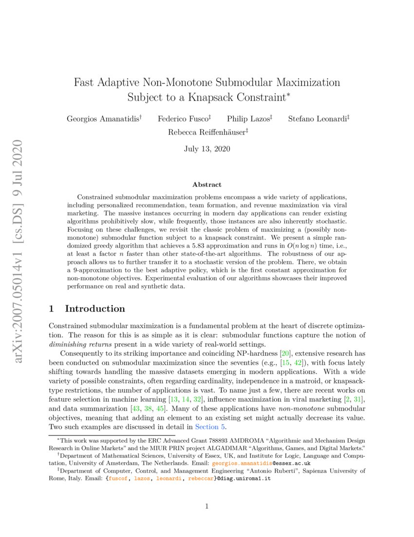 Fast Adaptive Non Monotone Submodular Maximization Subject To A Knapsack Constraint Deepai