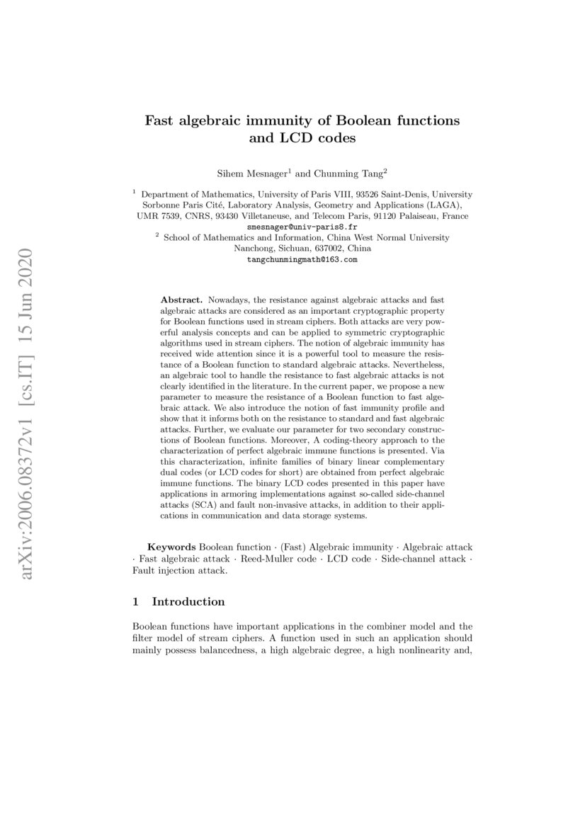 Fast Algebraic Immunity Of Boolean Functions And Lcd Codes Deepai 2120