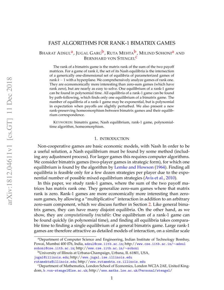 Fast Algorithms for Rank-1 Bimatrix Games | DeepAI