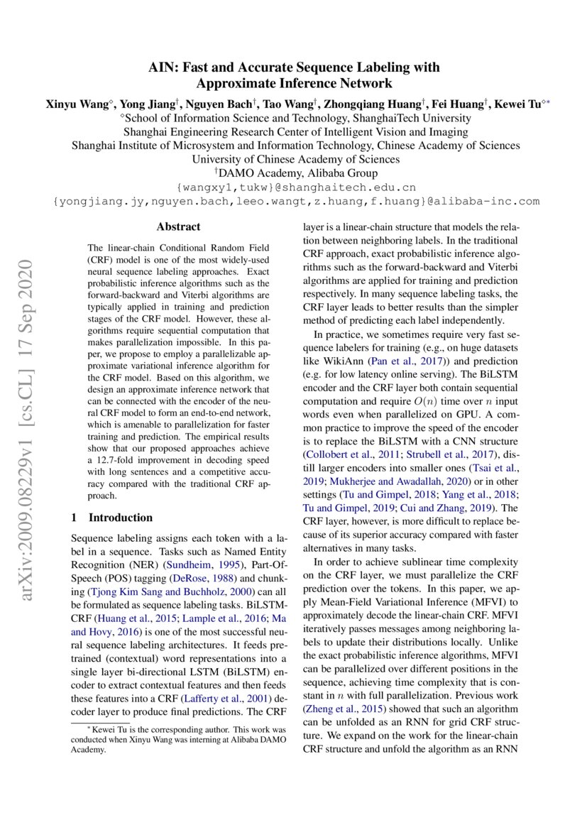 Fast and Accurate Sequence Labeling with Approximate Inference Network | DeepAI