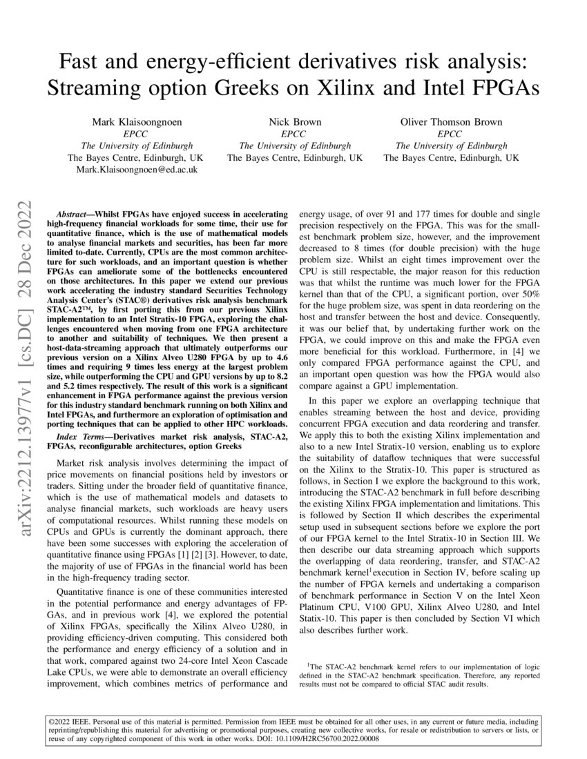 Fast and energy-efficient derivatives risk analysis: Streaming option Greeks on Xilinx and Intel ...