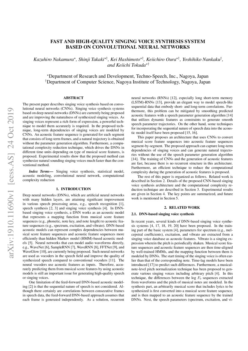 Fast and High-Quality Singing Voice Synthesis System based on Convolutional Neural Networks | DeepAI