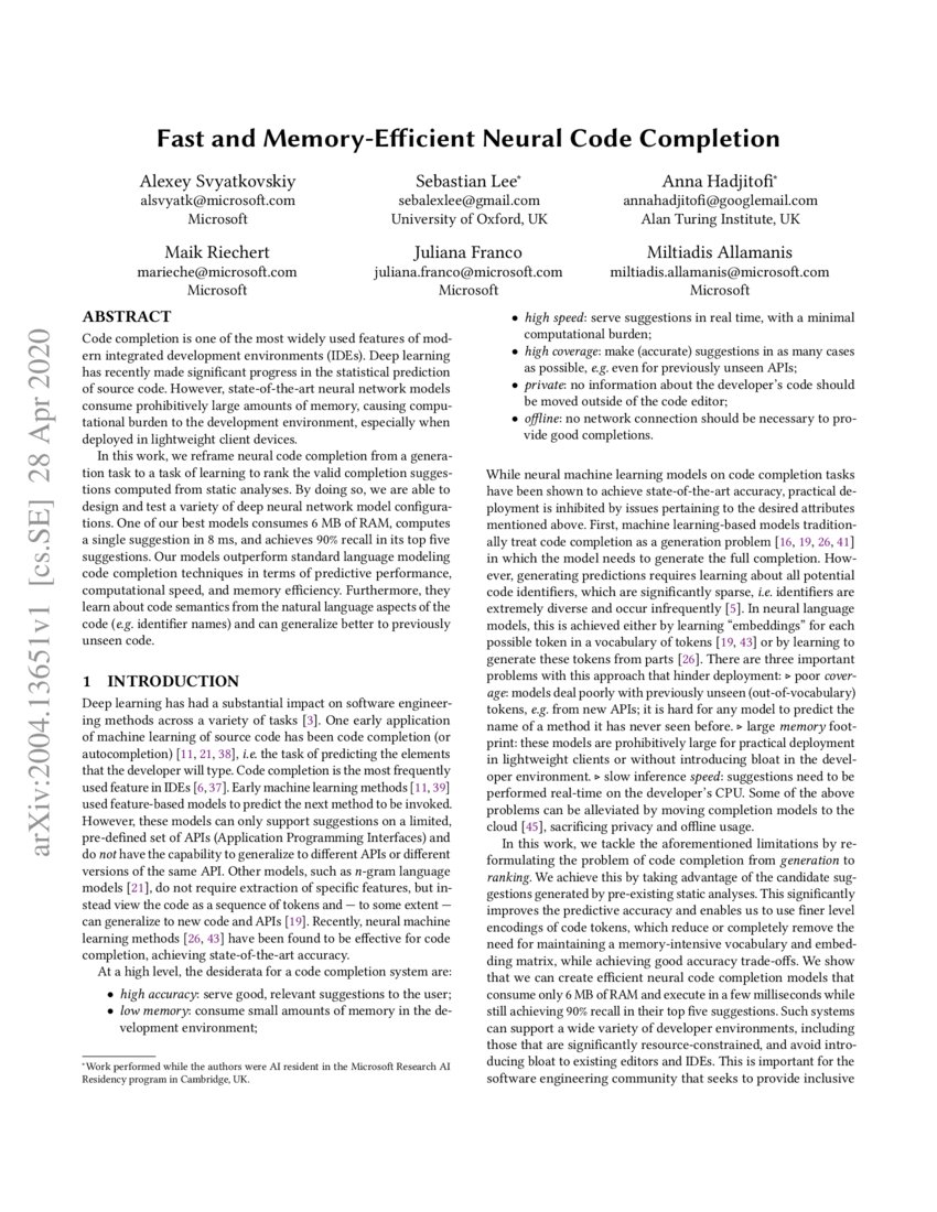 Fast And Memory Efficient Neural Code Completion Deepai 