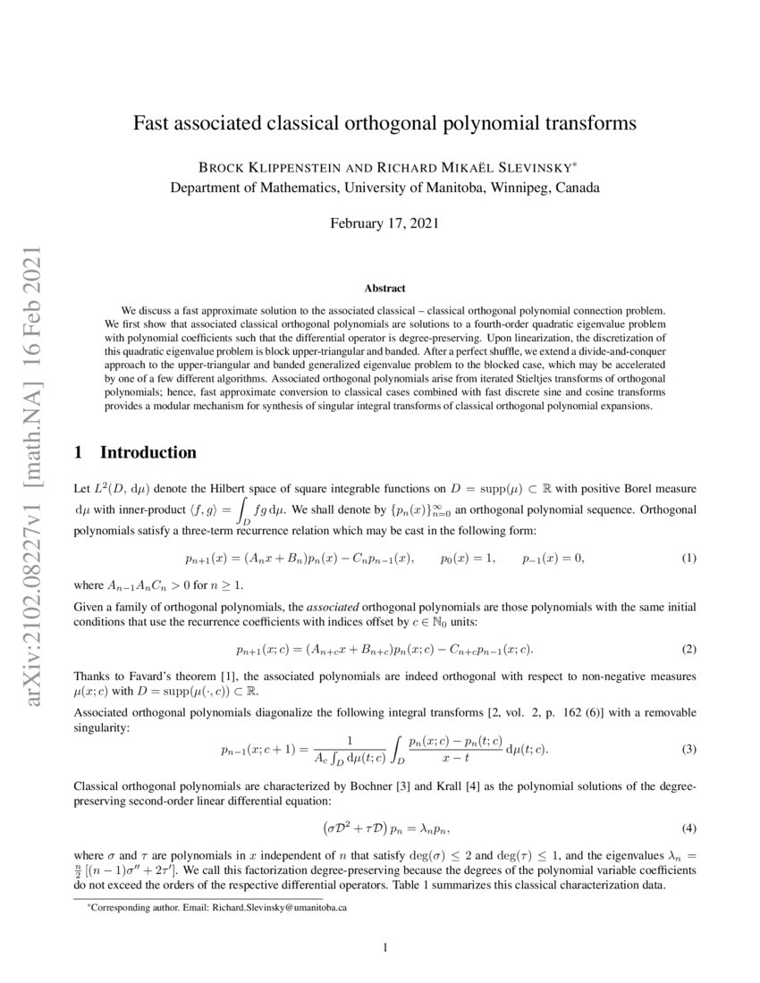 Fast associated classical orthogonal polynomial transforms | DeepAI