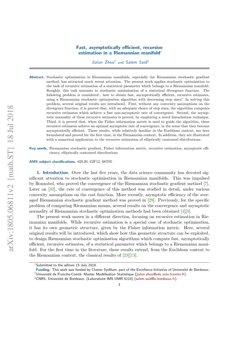 Fast, asymptotically efficient, recursive estimation in a Riemannian ... Fast, asymptotically efficient, recursive estimation in a Riemannian ...