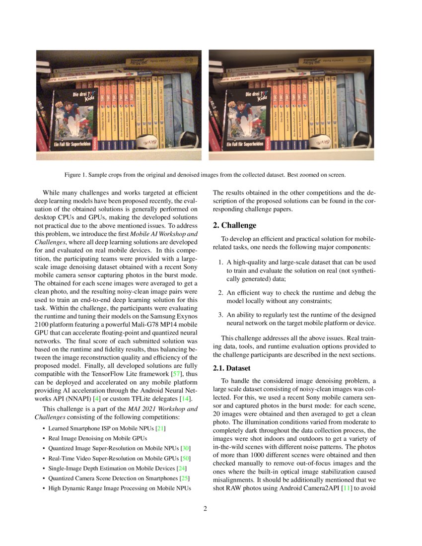 Fast Camera Image Denoising on Mobile GPUs with Deep Learning, Mobile AI 2021 Challenge: Report ...