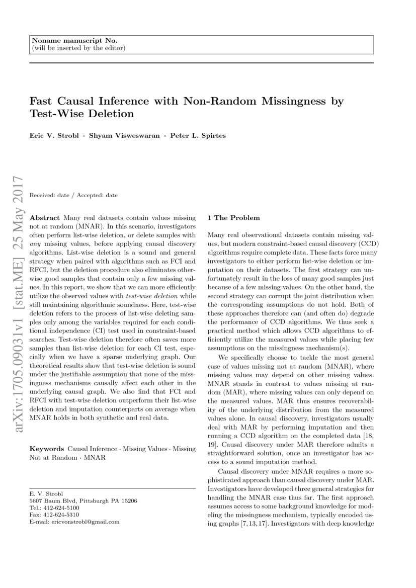 Fast Causal Inference With Non Random Missingness By Test Wise Deletion Deepai 