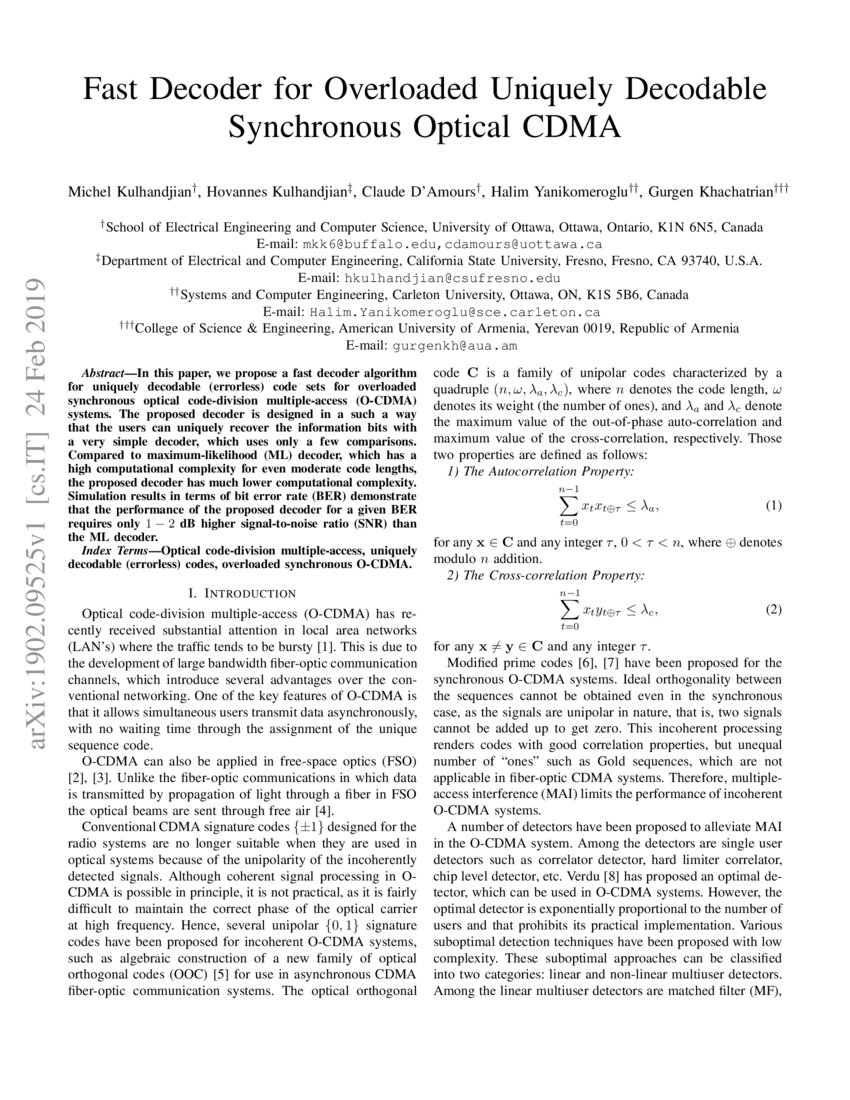 Fast Decoder for Overloaded Uniquely Decodable Synchronous Optical CDMA ...