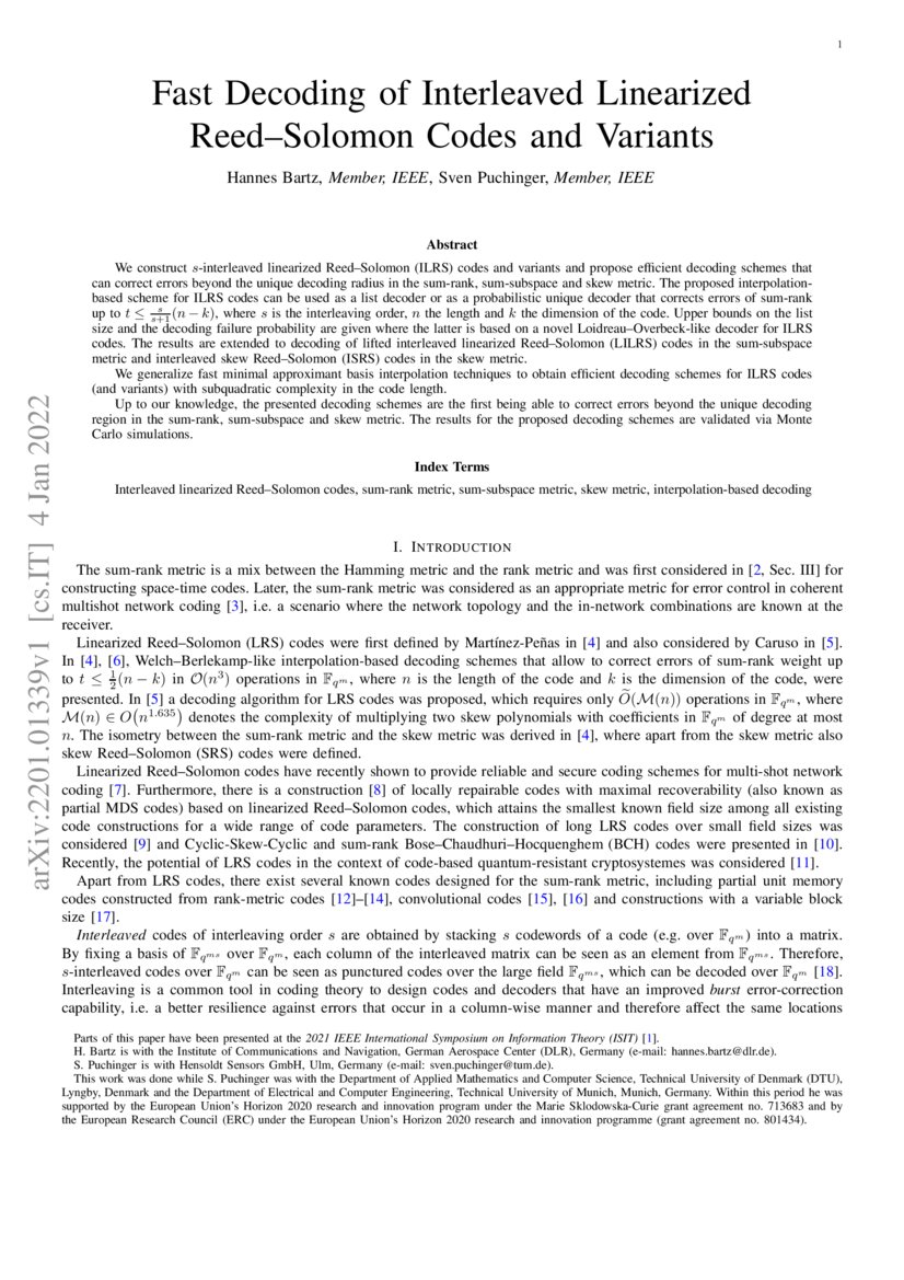 Fast Decoding of Interleaved Linearized Reed-Solomon Codes and Variants | DeepAI