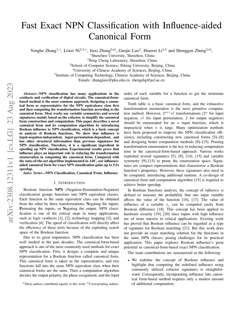 Fast Exact NPN Classification with Influence-aided Canonical Form | DeepAI