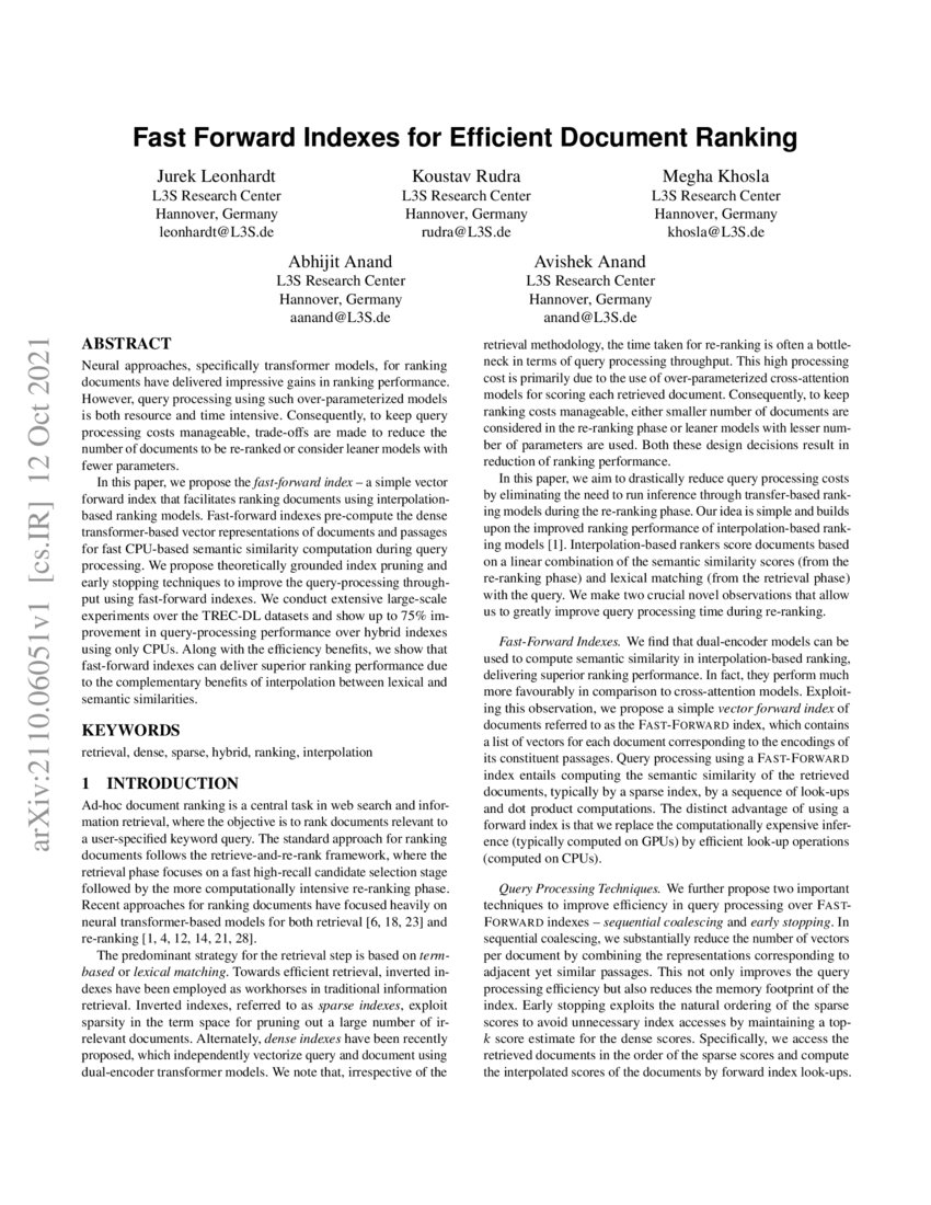 Fast Forward Indexes for Efficient Document Ranking | DeepAI