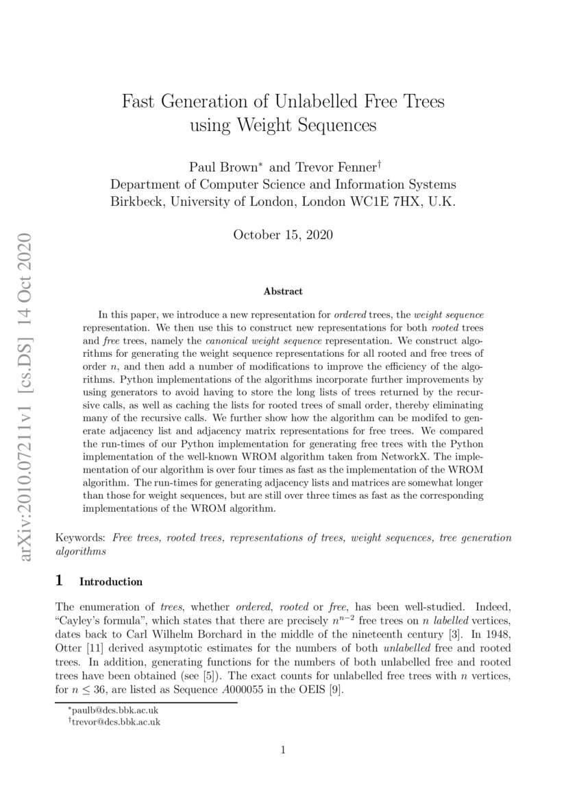 Fast Generation of Unlabelled Free Trees using Weight Sequences | DeepAI