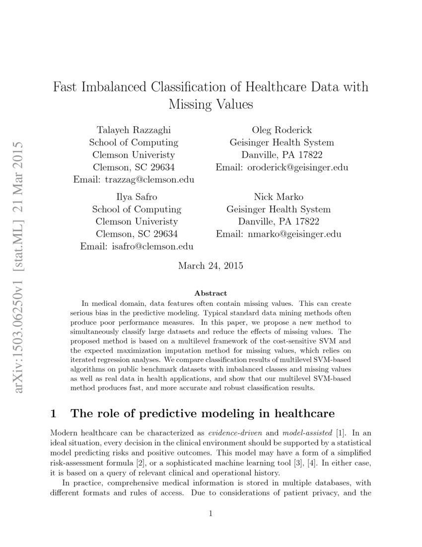 Fast Imbalanced Classification of Healthcare Data with Missing Values | DeepAI