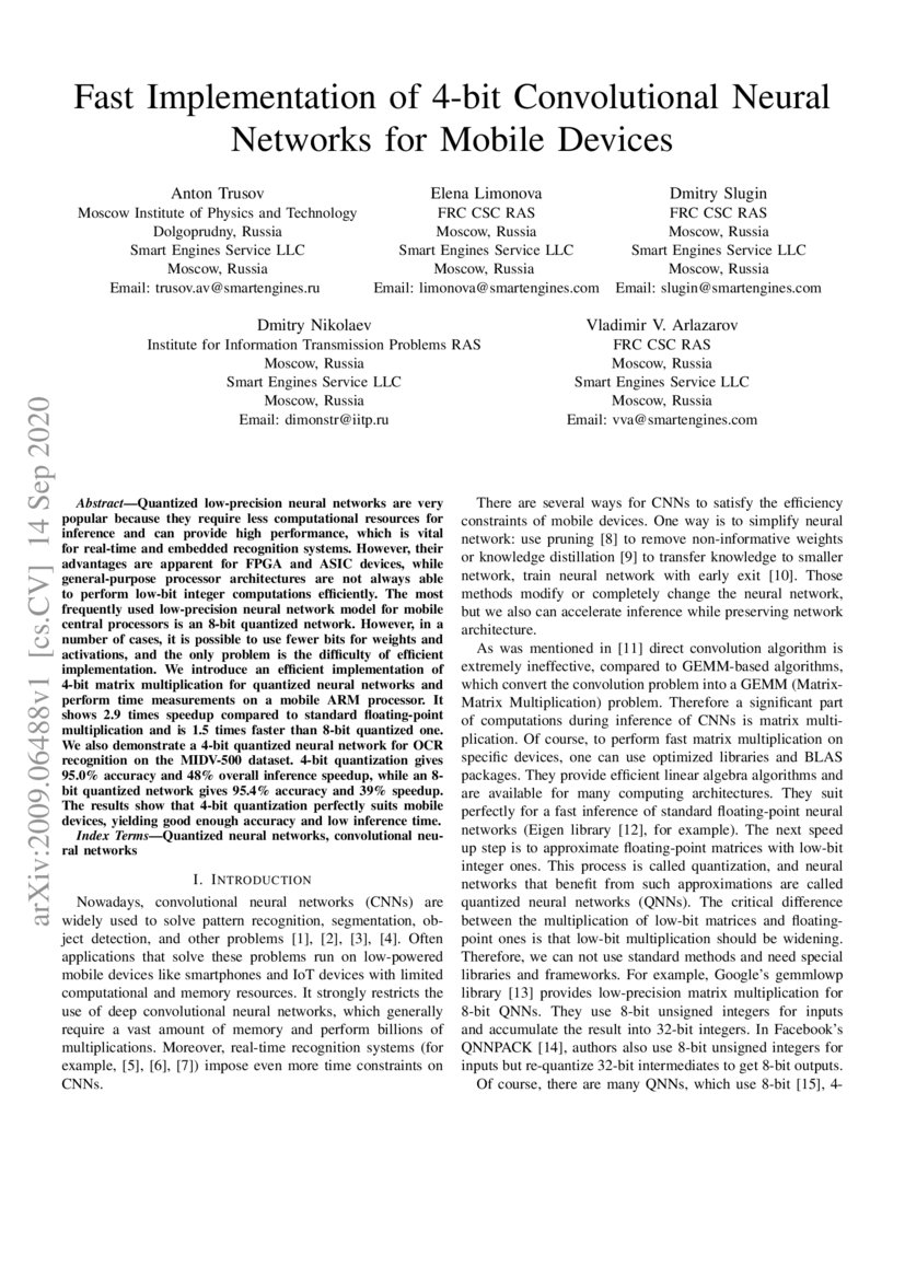 Fast Implementation Of 4 Bit Convolutional Neural Networks For Mobile