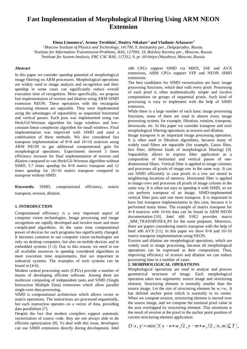 Fast Implementation of Morphological Filtering Using ARM NEON Extension ... Fast Implementation of Morphological Filtering Using ARM NEON Extension ...