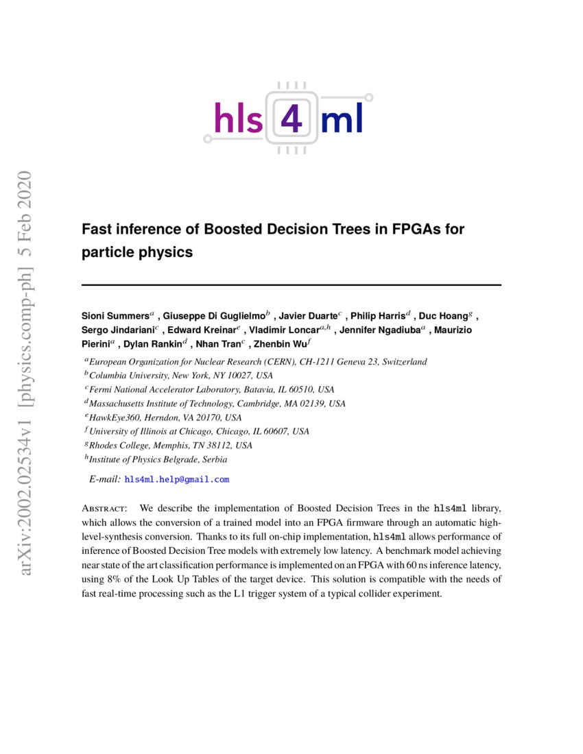 Fast Inference Of Boosted Decision Trees In Fpgas For Particle Physics Deepai 