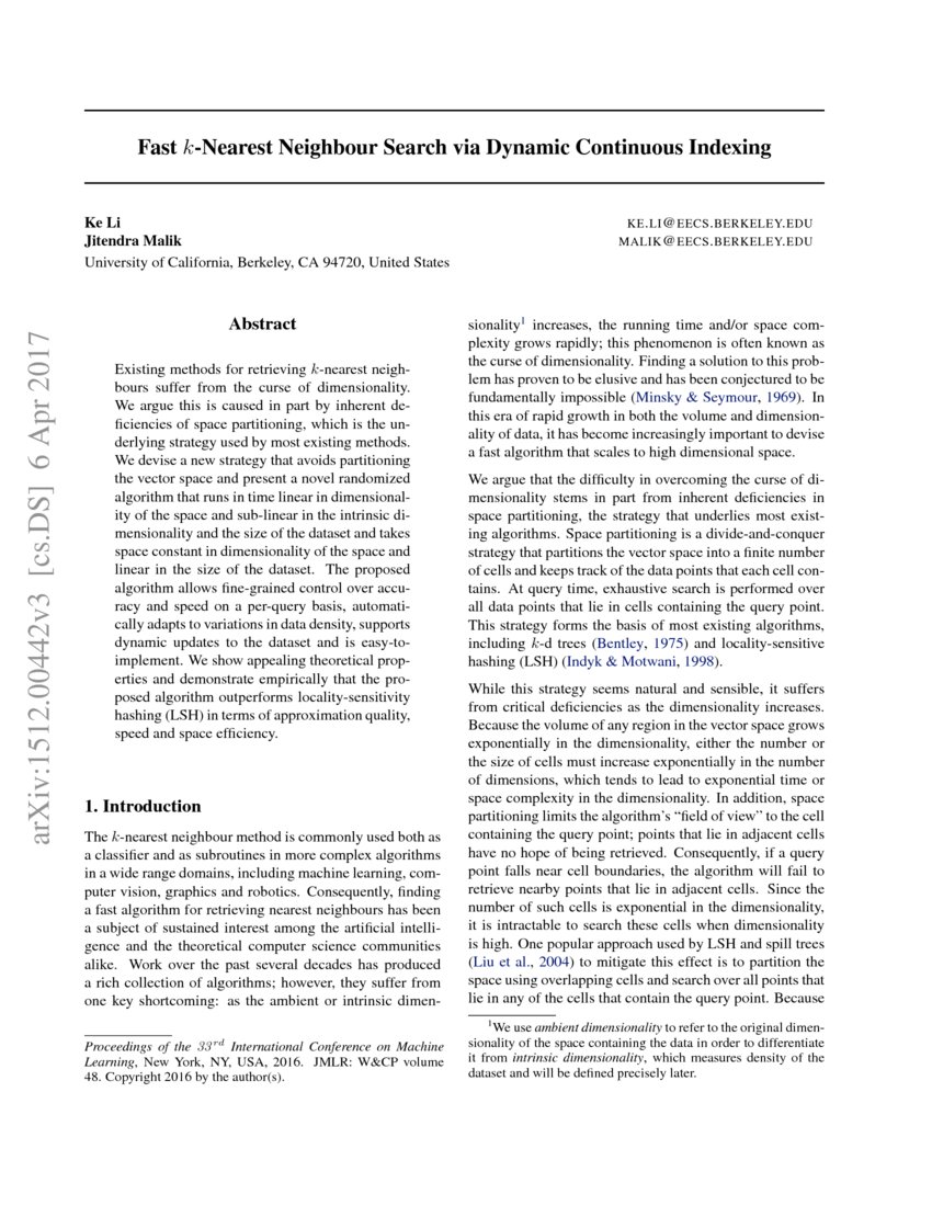 Fast k-Nearest Neighbour Search via Dynamic Continuous Indexing | DeepAI Fast k-Nearest Neighbour Search via Dynamic Continuous Indexing | DeepAI