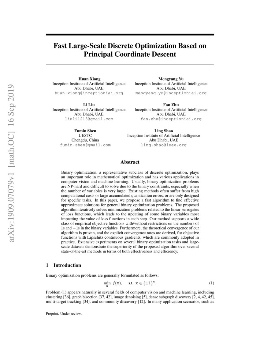 Fast Large Scale Discrete Optimization Based On Principal Coordinate Descent Deepai