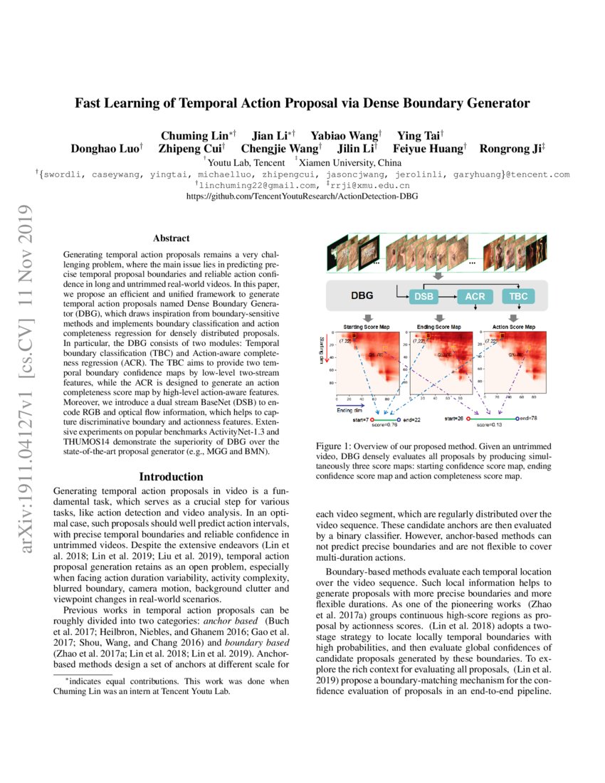 Fast Learning of Temporal Action Proposal via Dense Boundary Generator | DeepAI