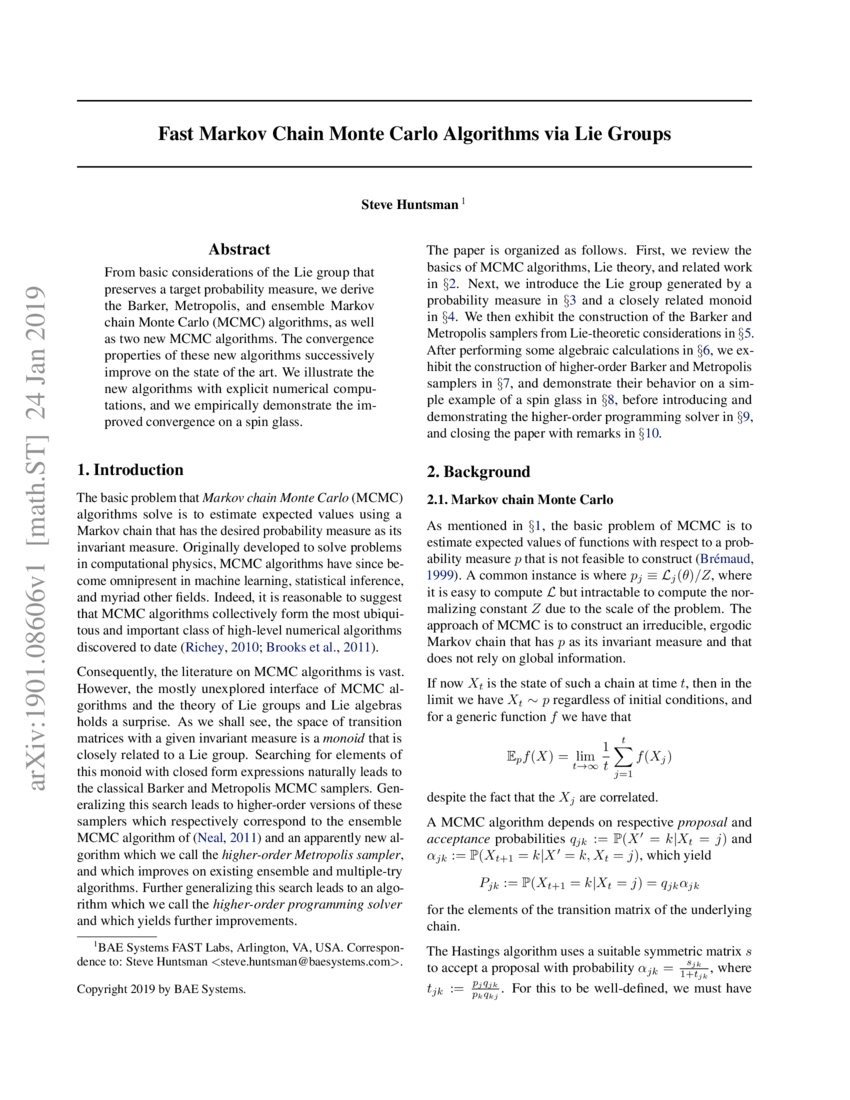 Fast Markov Chain Monte Carlo Algorithms Via Lie Groups Deepai 