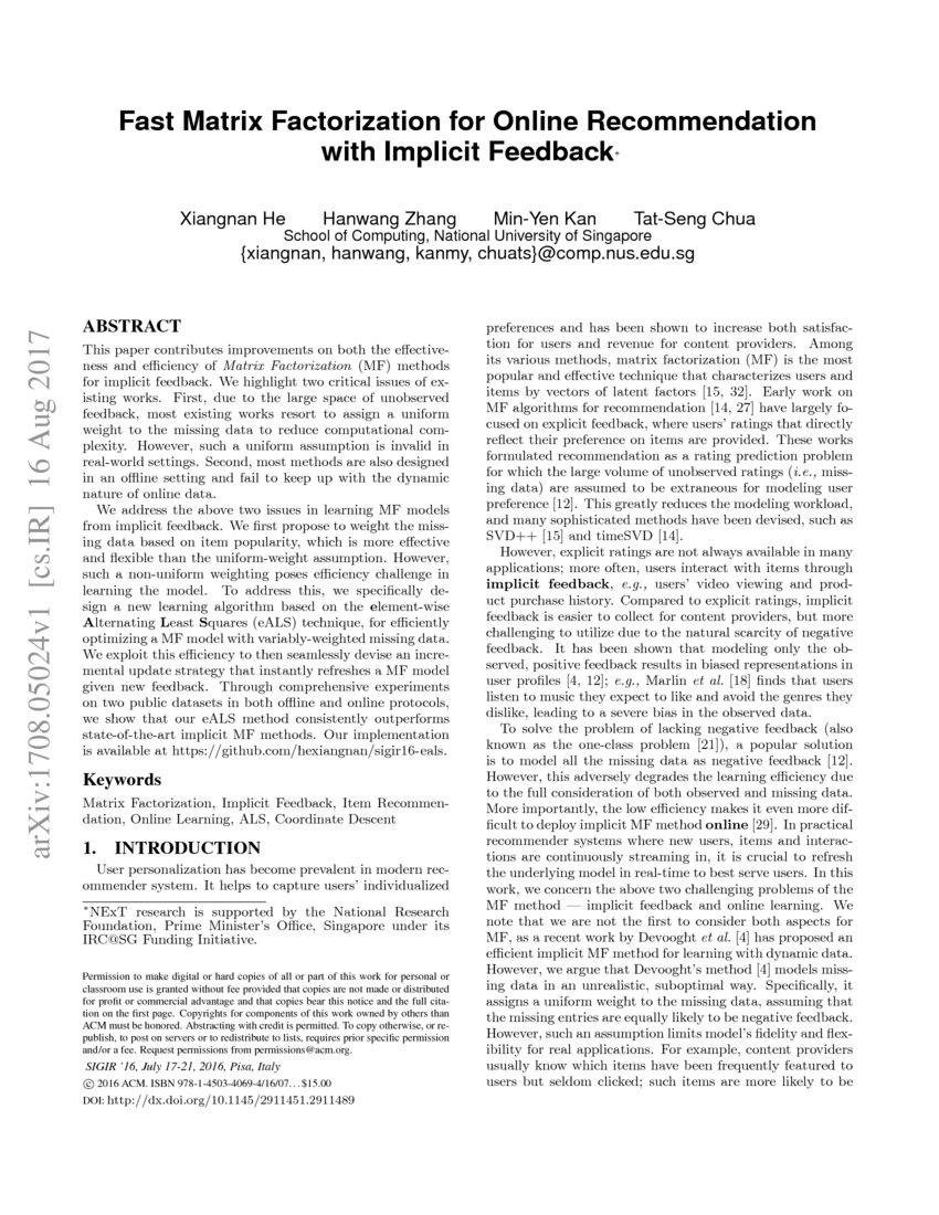 Fast Matrix Factorization For Online Recommendation With Implicit Feedback Deepai