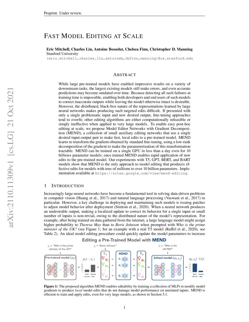 Fast Model Editing at Scale | DeepAI
