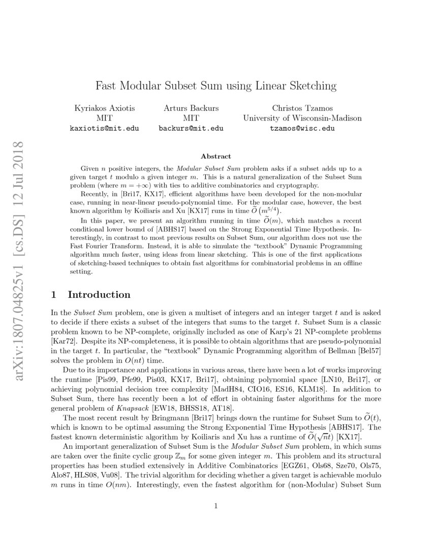 Fast Modular Subset Sum using Linear Sketching | DeepAI