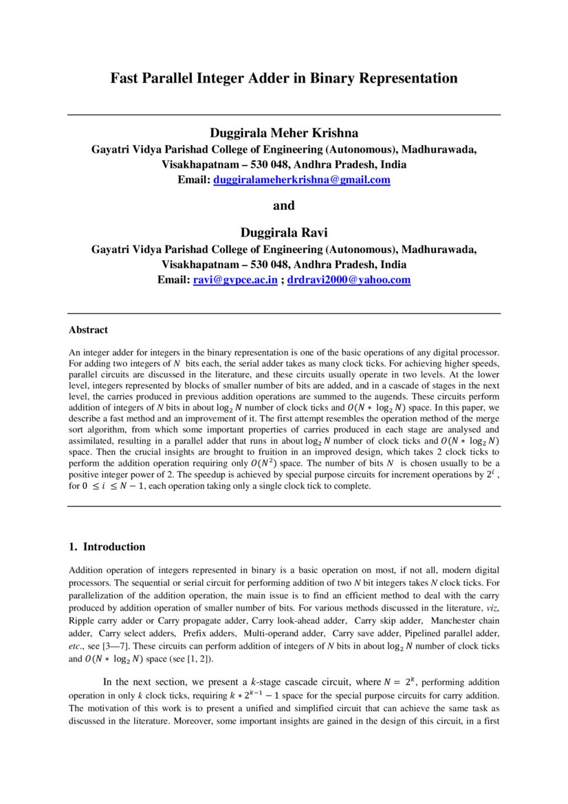 Fast Parallel Integer Adder In Binary Representation Deepai 