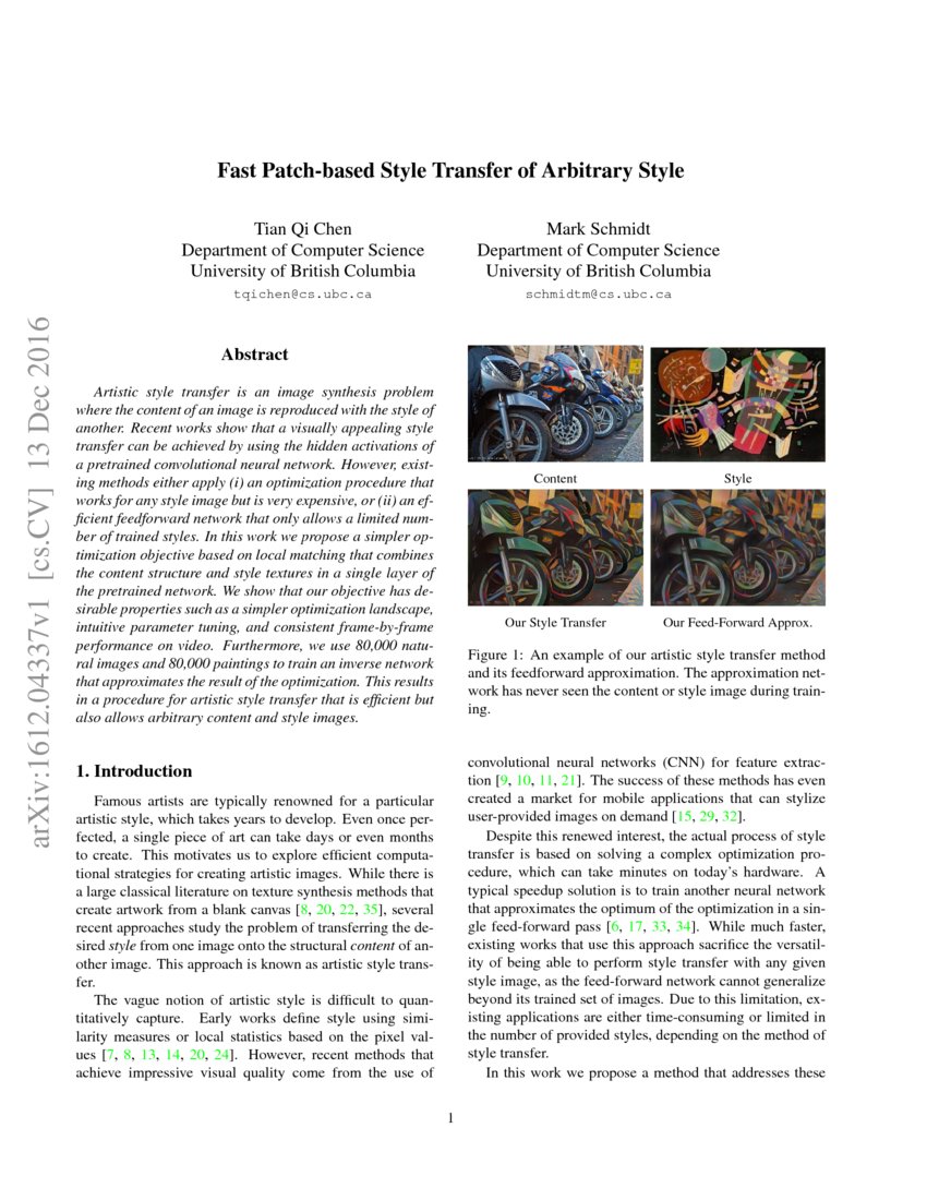Fast Patch-based Style Transfer of Arbitrary Style | DeepAI