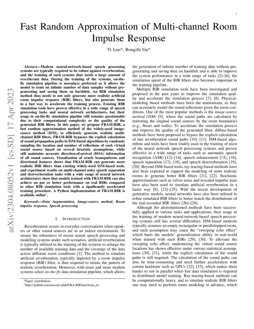 Fast Random Approximation of Multi-channel Room Impulse Response | DeepAI