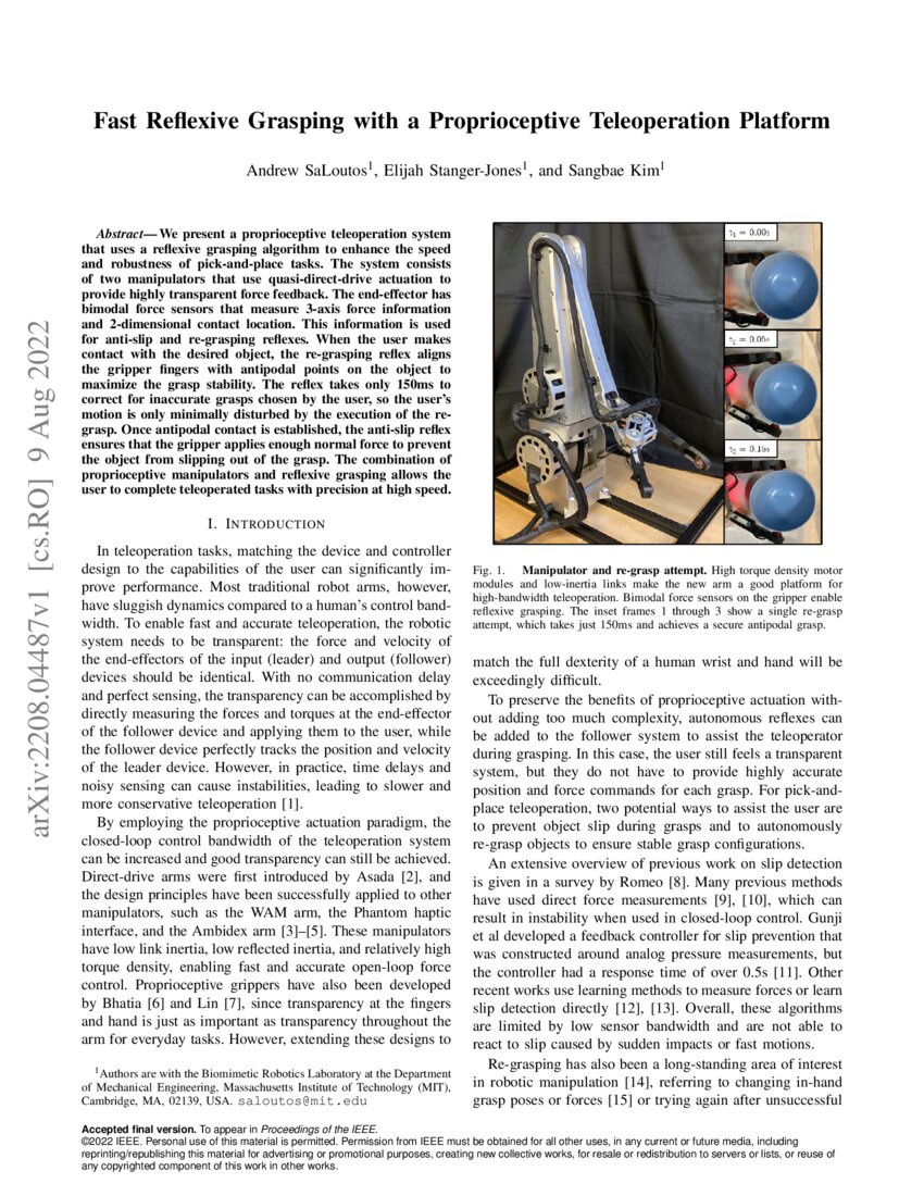 Fast Reflexive Grasping with a Proprioceptive Teleoperation Platform | DeepAI