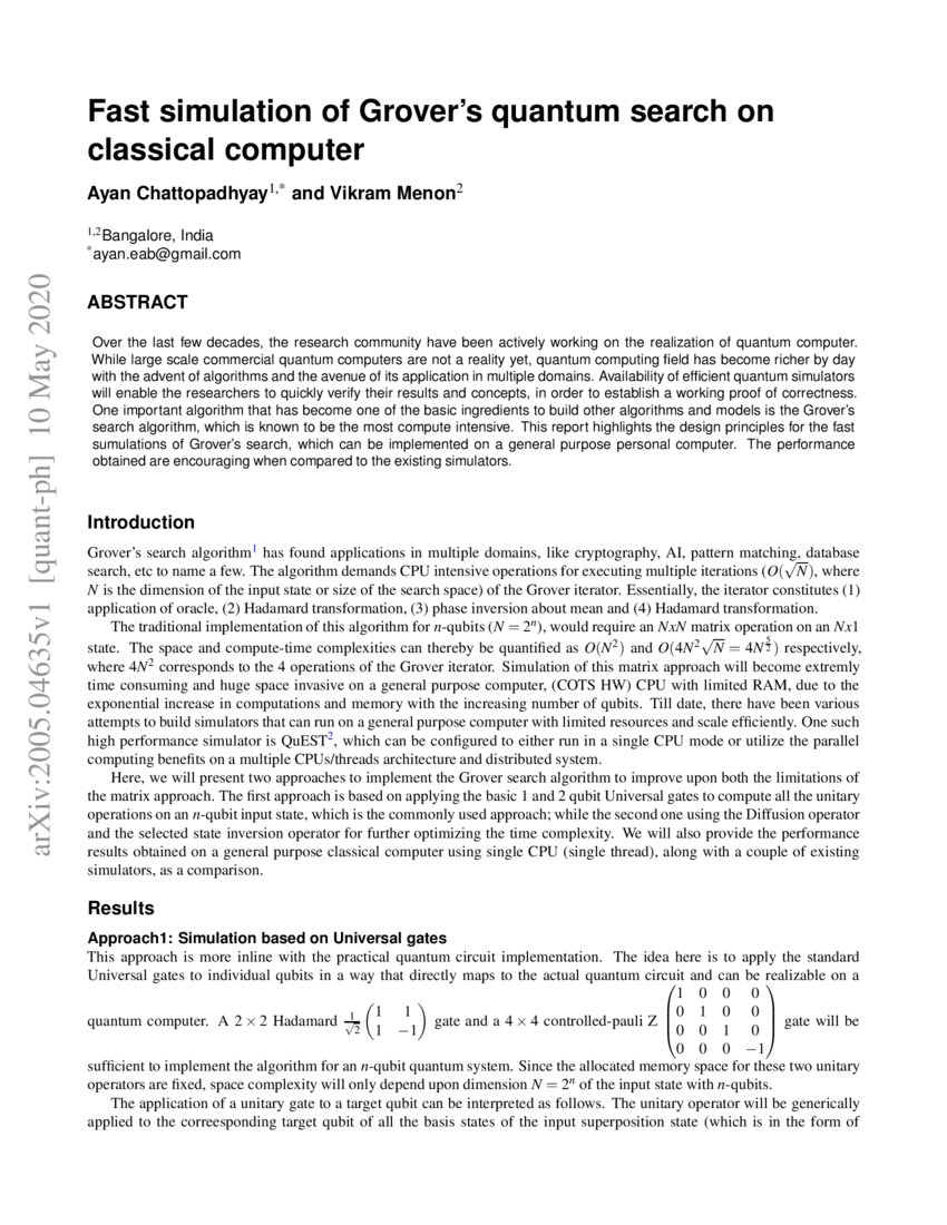 Fast simulation of Grover's quantum search on classical computer | DeepAI