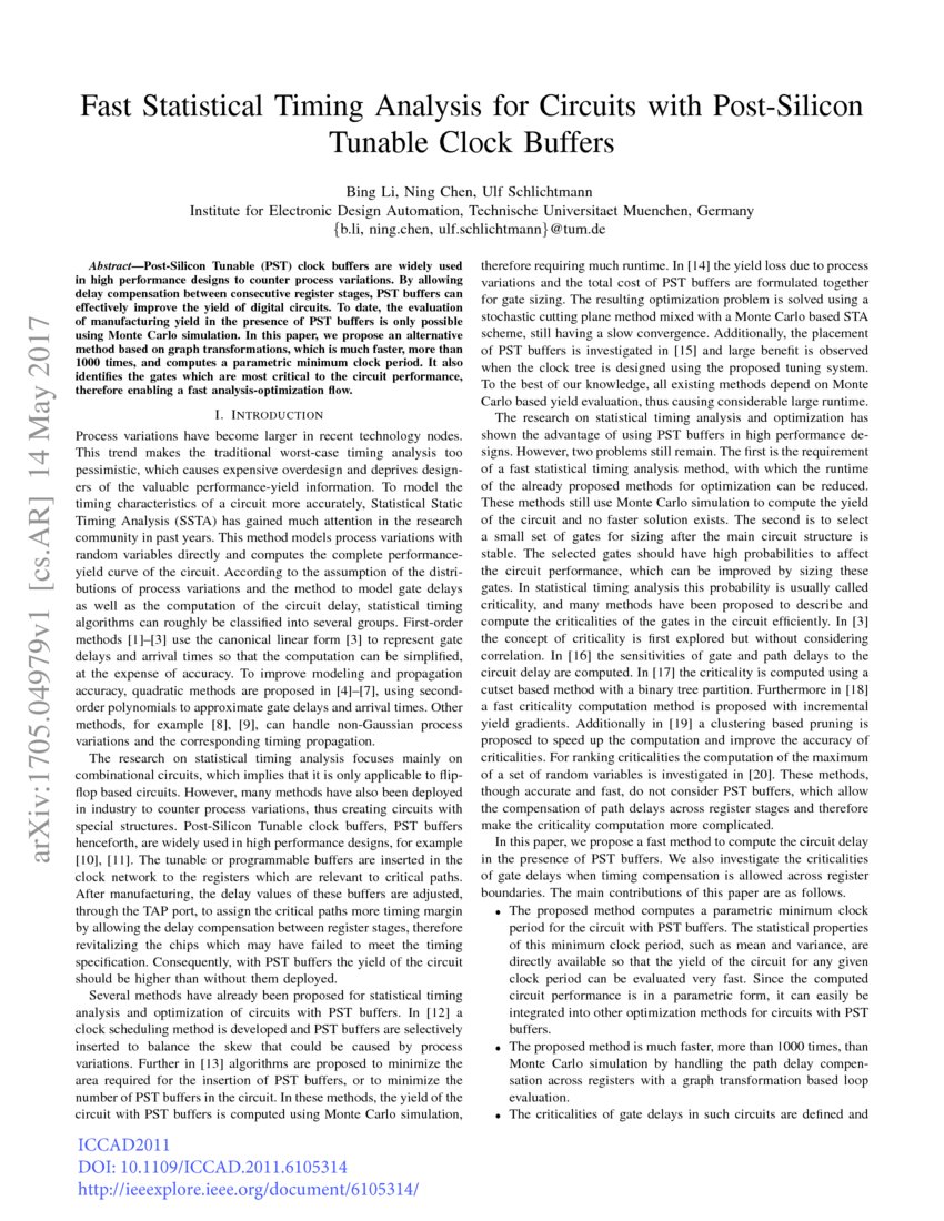 Fast Statistical Timing Analysis For Circuits With Post Silicon Tunable Clock Buffers Deepai