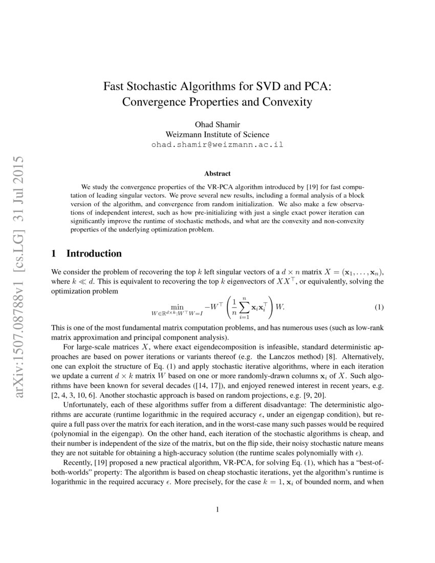 Fast Stochastic Algorithms For Svd And Pca Convergence Properties And