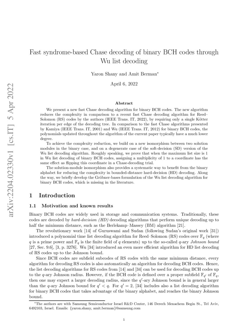 Fast syndrome-based Chase decoding of binary BCH codes through Wu list decoding | DeepAI