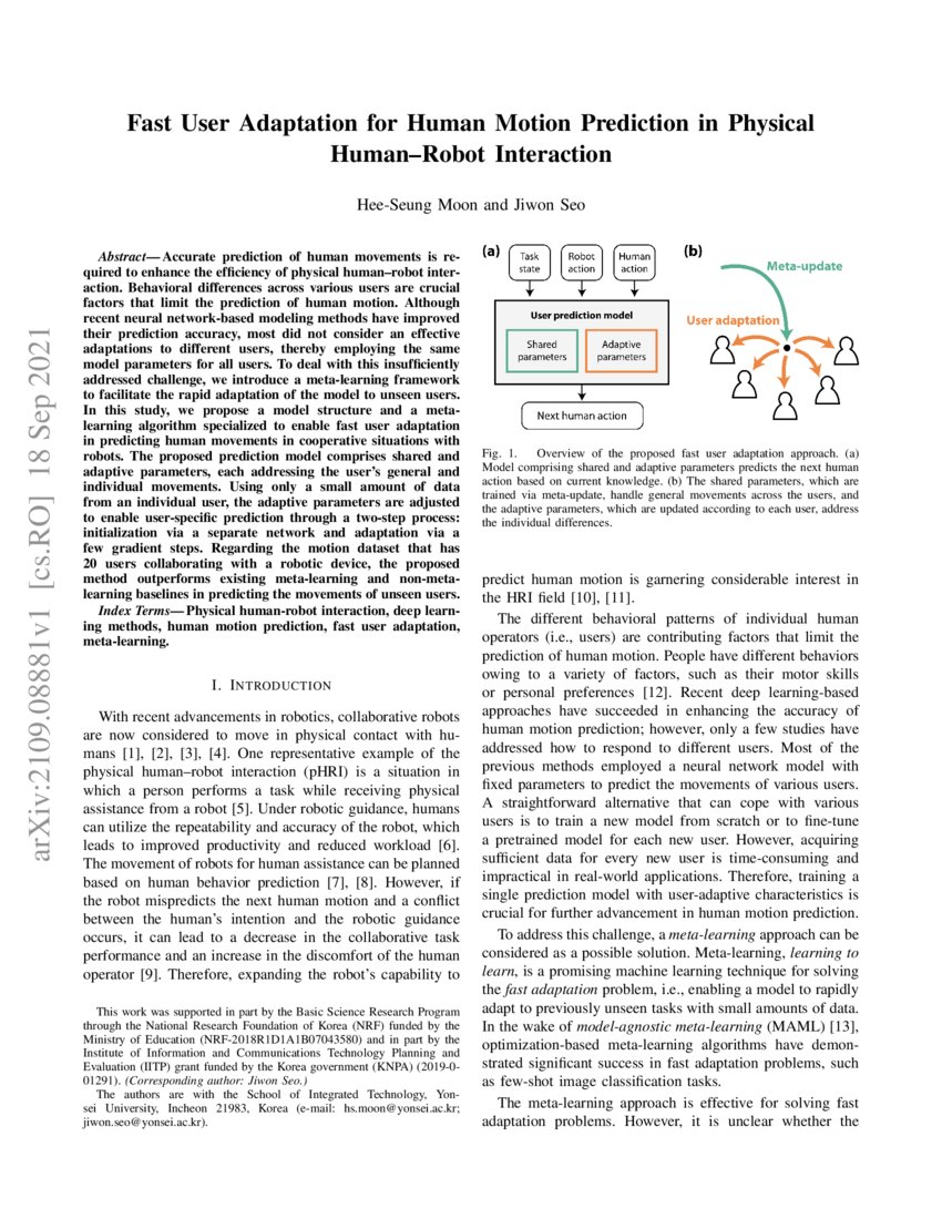 Fast User Adaptation For Human Motion Prediction In Physical Human Robot Interaction Deepai