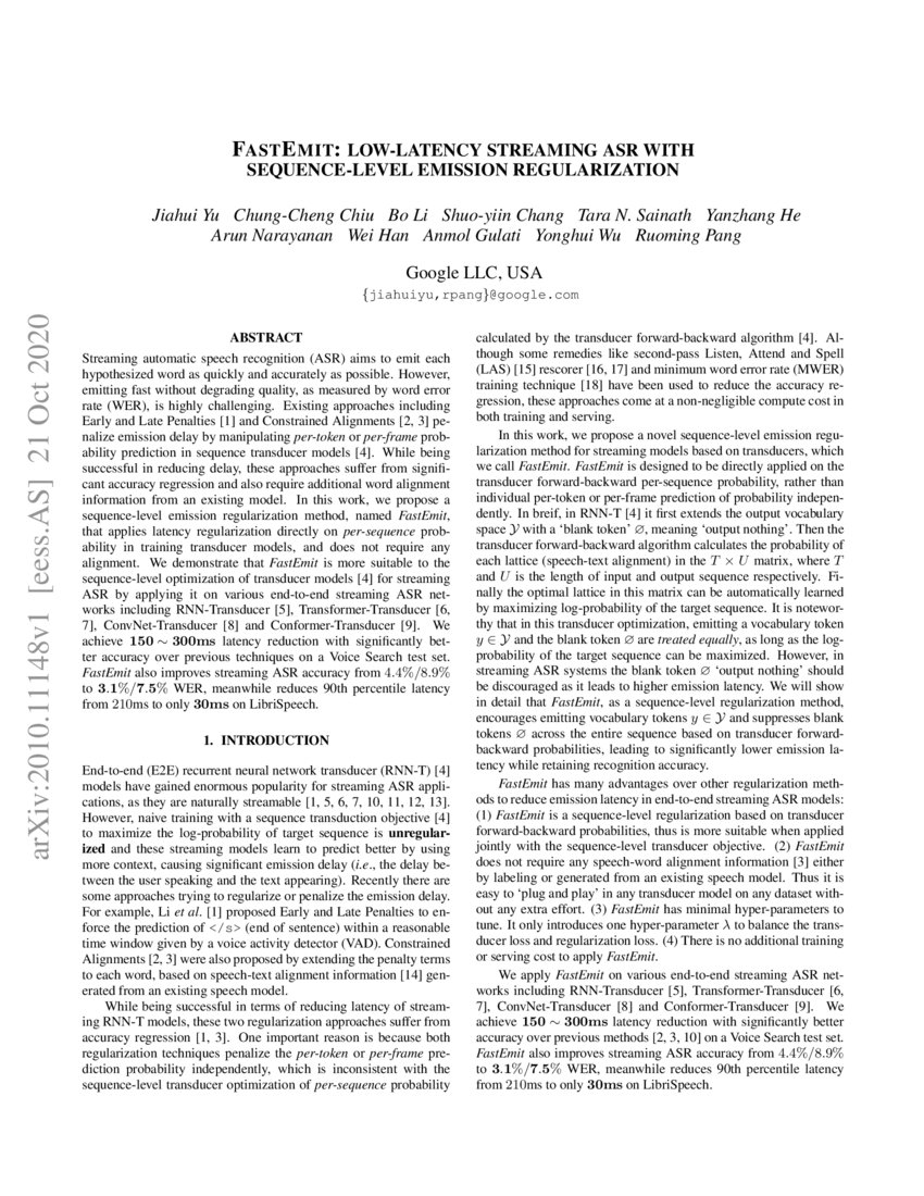 FastEmit: Low-latency Streaming ASR with Sequence-level Emission Regularization | DeepAI