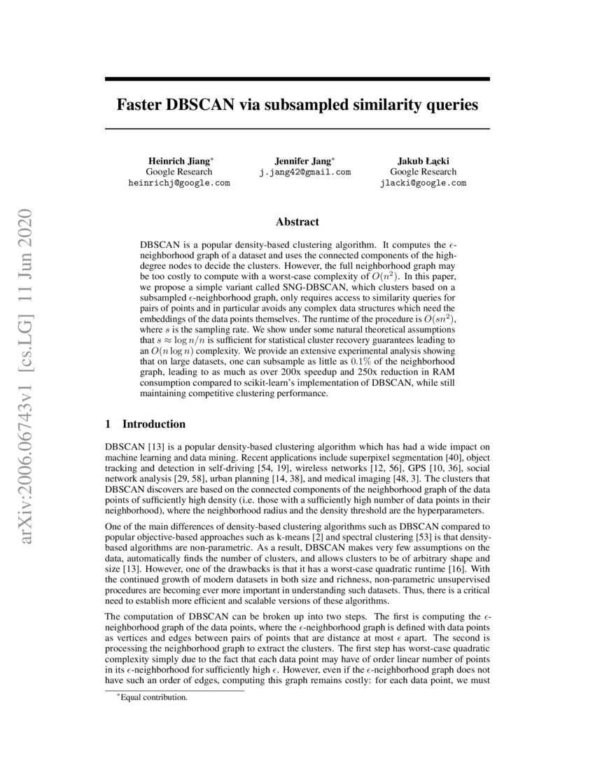 Faster Dbscan Via Subsampled Similarity Queries Deepai 