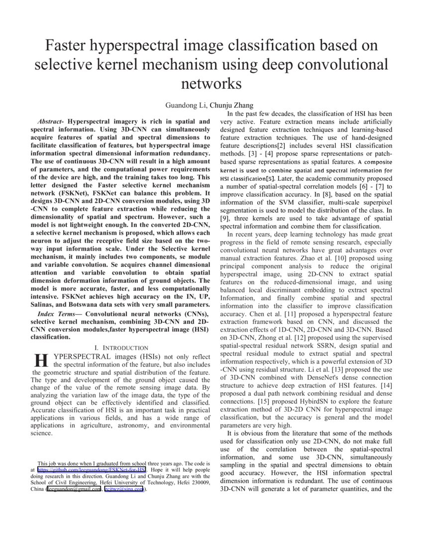 Faster hyperspectral image classification based on selective kernel mechanism using deep ...