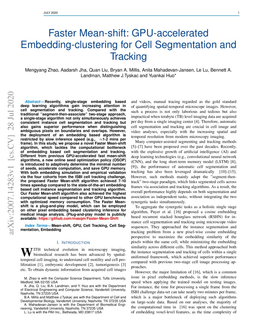 Faster Mean Shift Gpu Accelerated Embedding Clustering For Cell Segmentation And Tracking Deepai