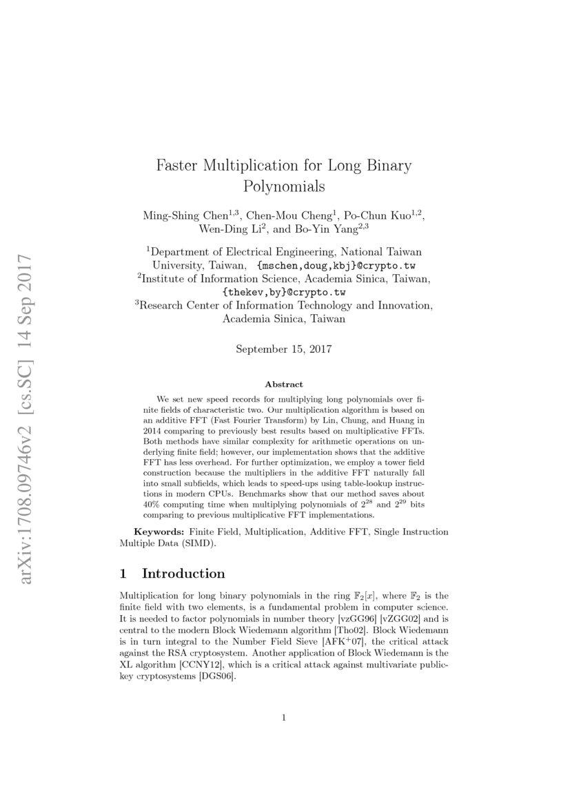 Faster Multiplication for Long Binary Polynomials | DeepAI Faster Multiplication for Long Binary Polynomials | DeepAI