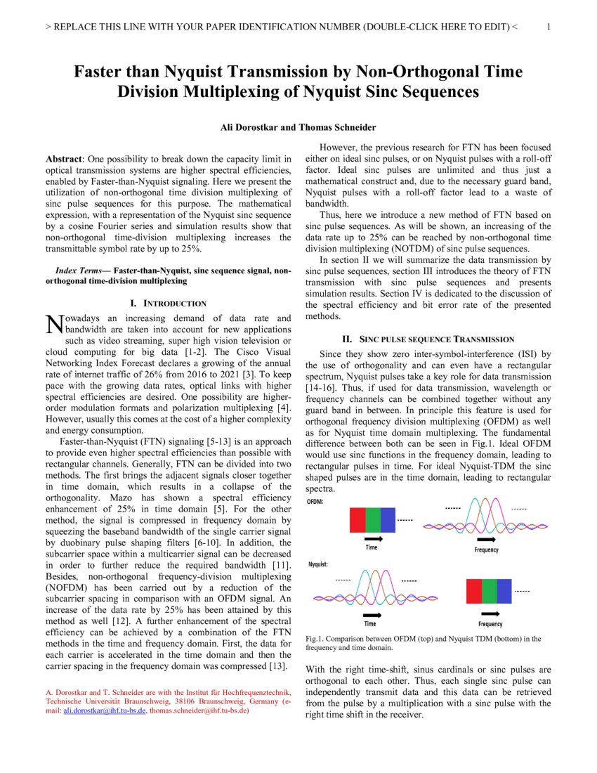 Faster than Nyquist Transmission by Non-Orthogonal Time Division Multiplexing of Nyquist Sinc ...