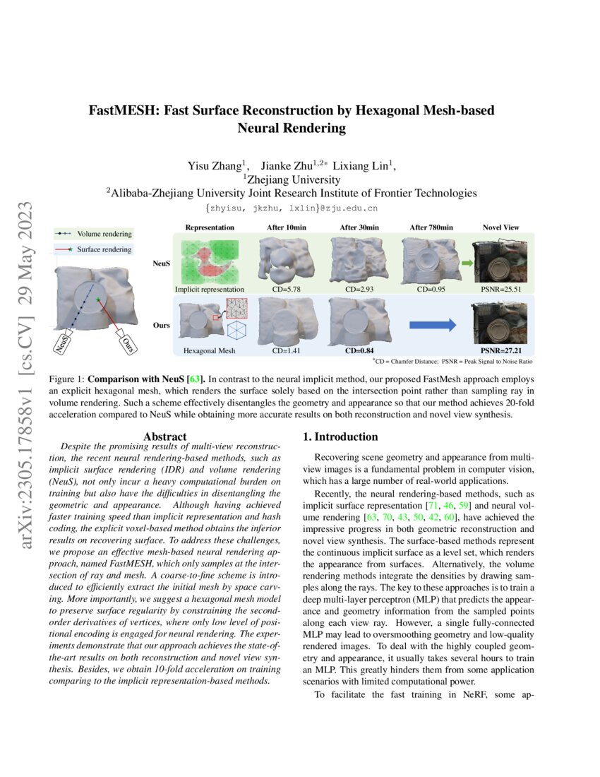 FastMESH: Fast Surface Reconstruction by Hexagonal Mesh-based Neural Rendering | DeepAI