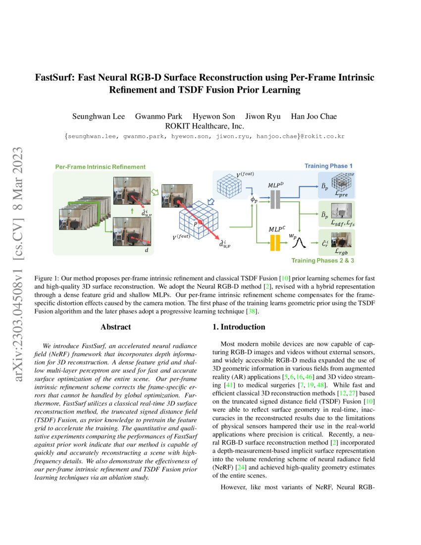 Fastsurf Fast Neural Rgb D Surface Reconstruction Using Per Frame Intrinsic Refinement And Tsdf