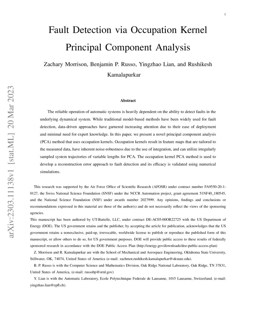 Fault Detection via Occupation Kernel Principal Component Analysis | DeepAI