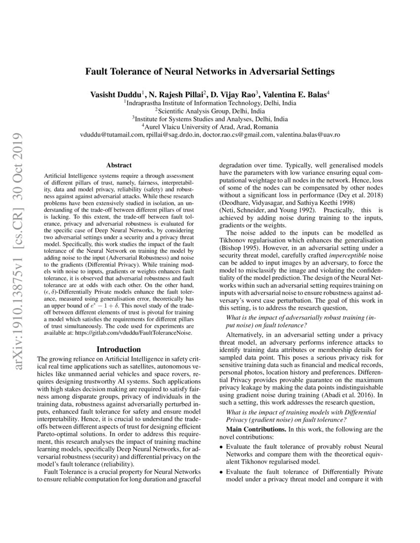 Fault Tolerance Of Neural Networks In Adversarial Settings Deepai 