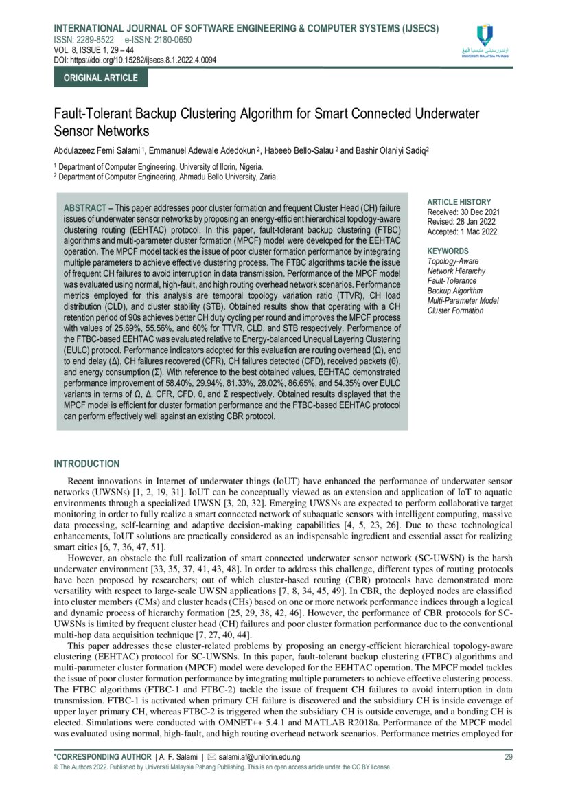 Fault Tolerant Backup Clustering Algorithm For Smart Connected Underwater Sensor Networks Deepai