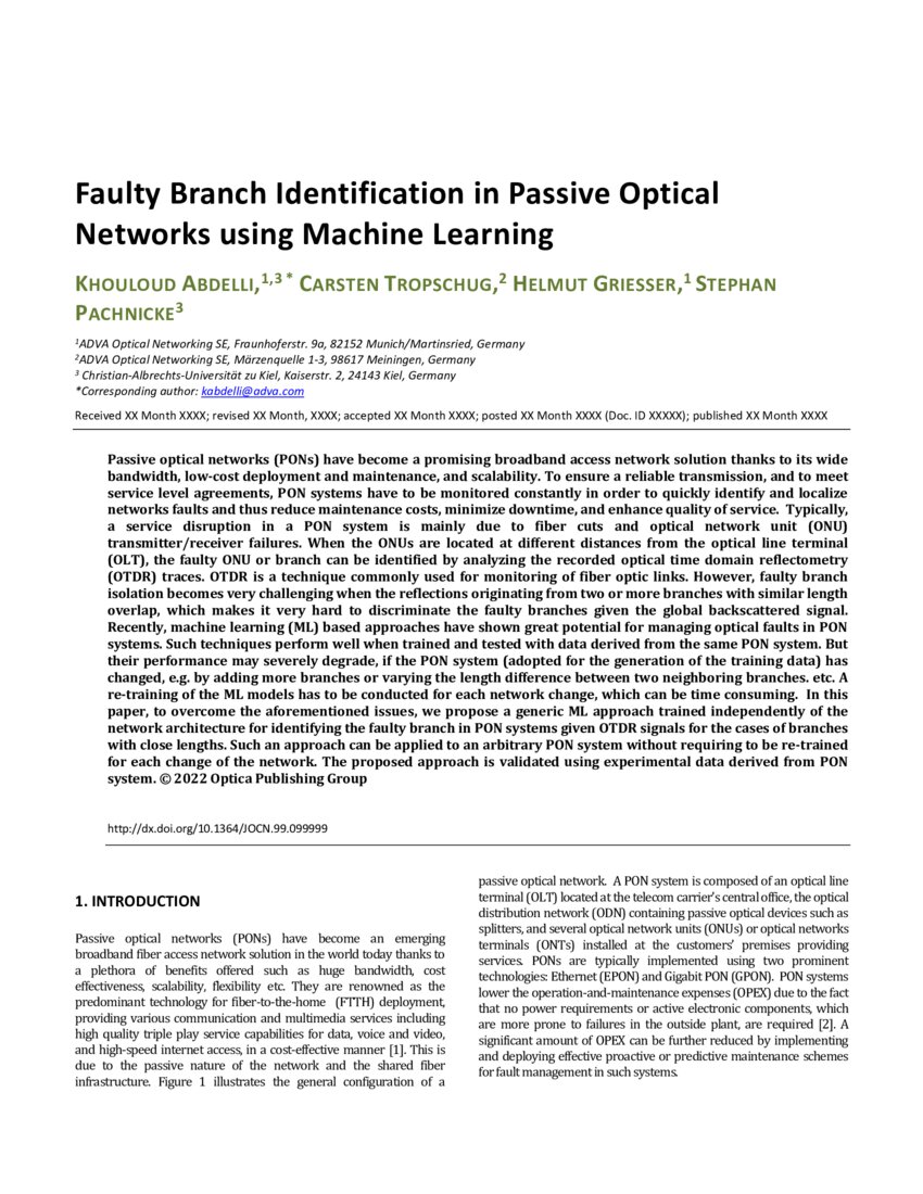 Faulty Branch Identification in Passive Optical Networks using Machine ...